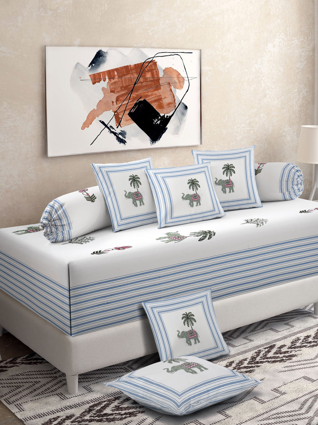 Set of 8 White Animal Print Cotton Diwan Set