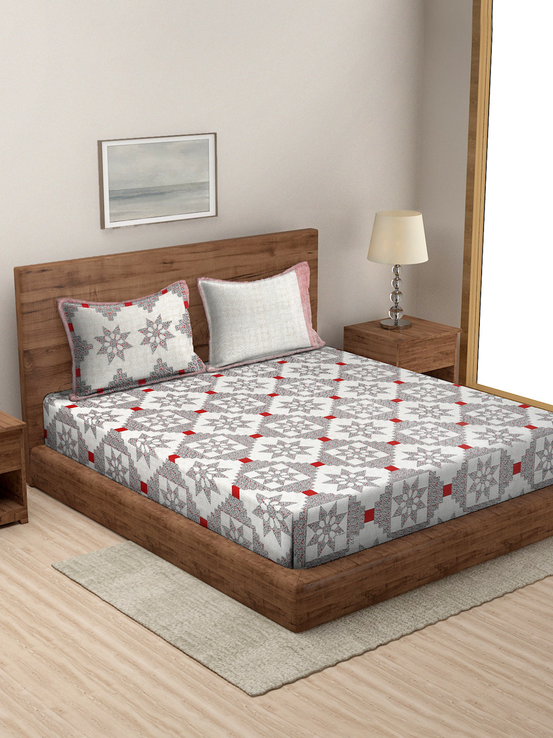 King Size Floral Print Cotton Bed Sheet with 2 Pillow Covers